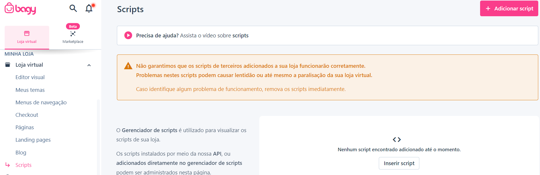 Adicionando Scripts na sua loja virtual – Bagy